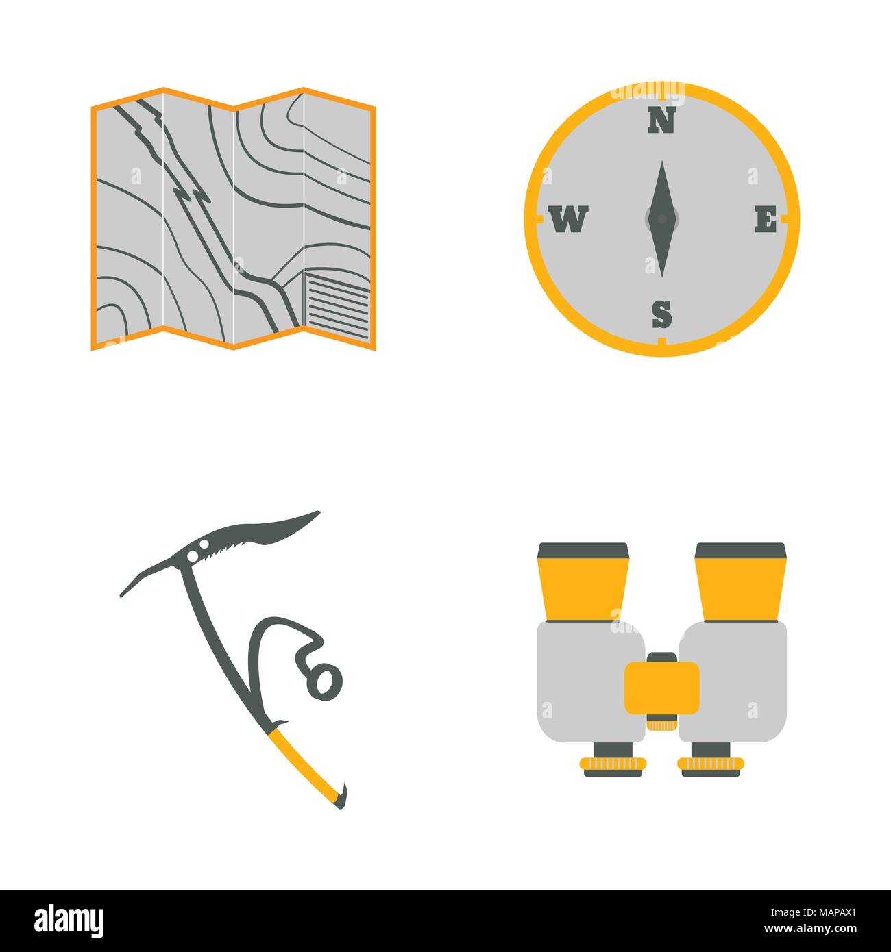 Map, compass, ice ax, binoculars flat icons.Tourism equipment. Trip web ...
