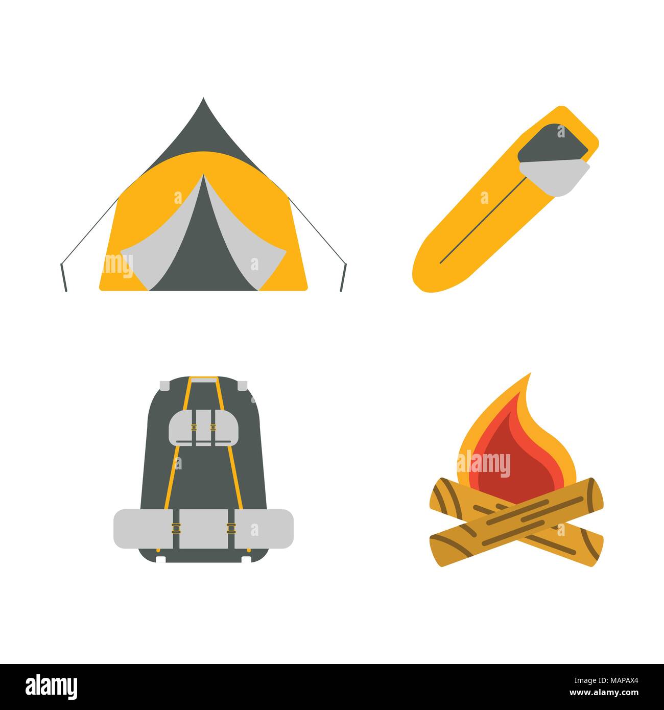 Tent, campfire, backpack, sleeping bag flat icons. Tourism equipment ...