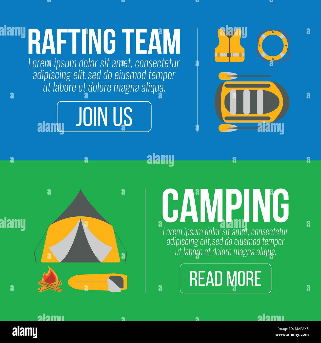 Rafting and Camping Banners. Tourism equipment and web elements. Vector ...