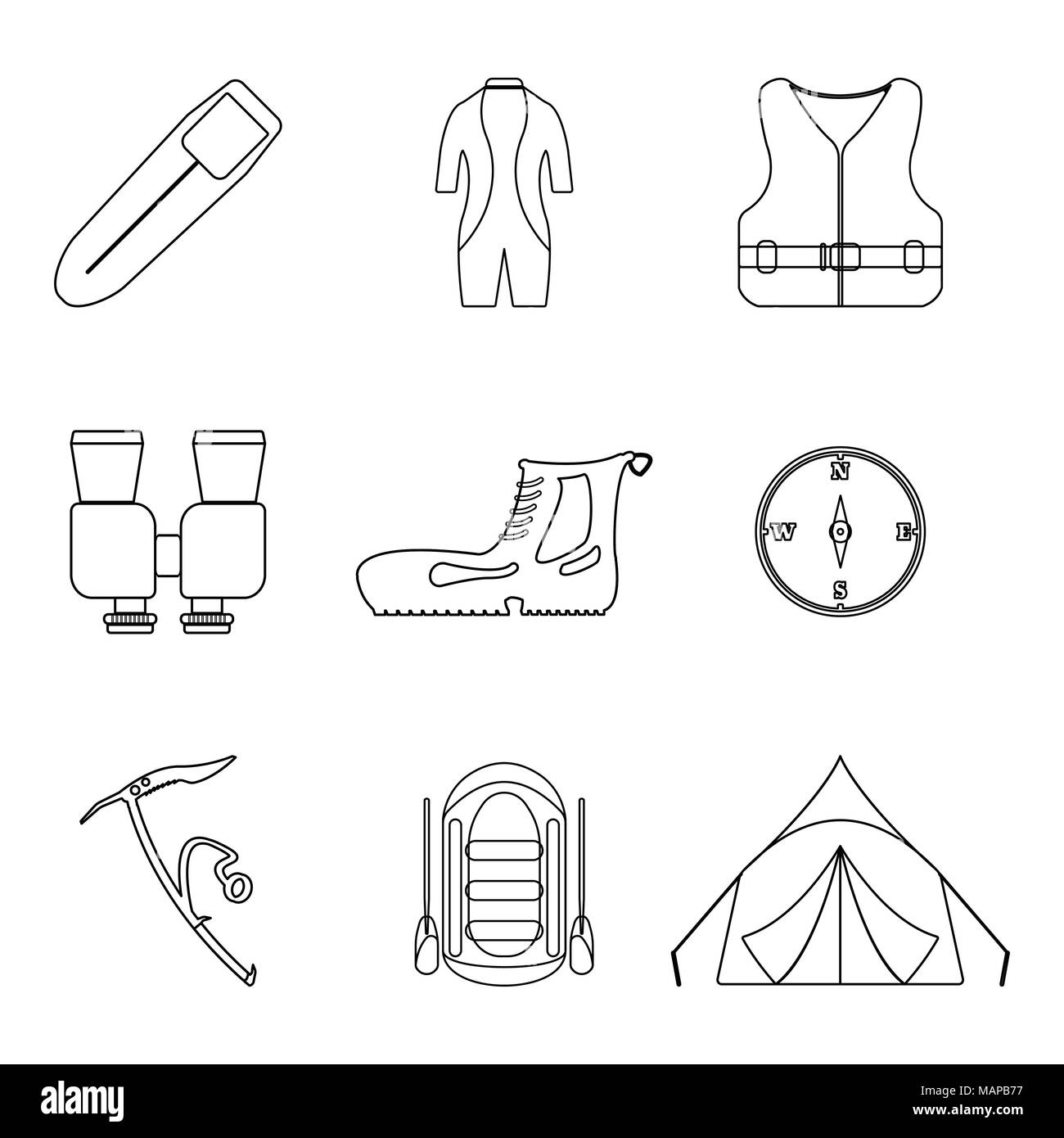 Hiking icons collection. Outline Tourism equipment. Vector illustration ...