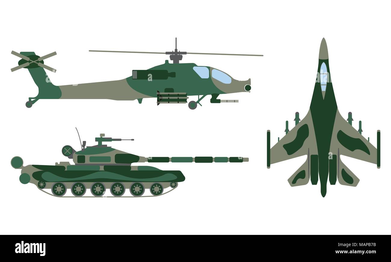 Fighter aircraft, tank, helicopter cartoon. Military equipment set icon. Vector illustration ...