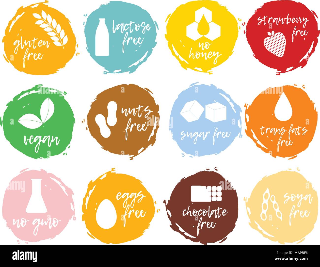 Set of food labels - allergens, GMO free products. Food intolerance symbols collection. Vector ...