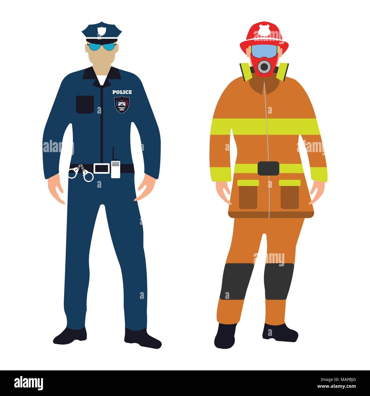 Policeman and Fireman flat icon. Service 911. Cartoon Vector ...