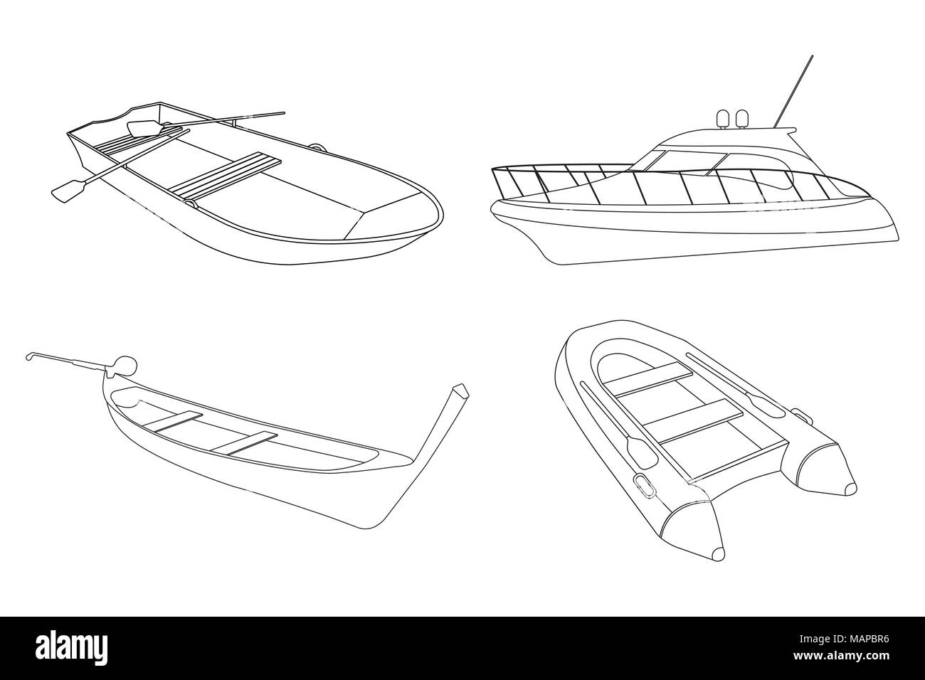 Set of Boat: Speedboat, Pirogue, Raft and Boat icon. Outline Vector ...