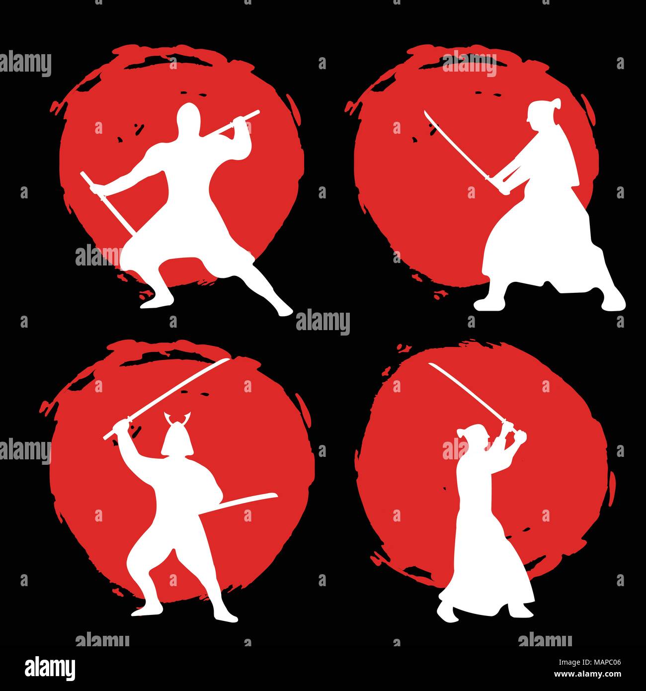 Set of Samurai Warriors Silhouette on red moon and black background ...