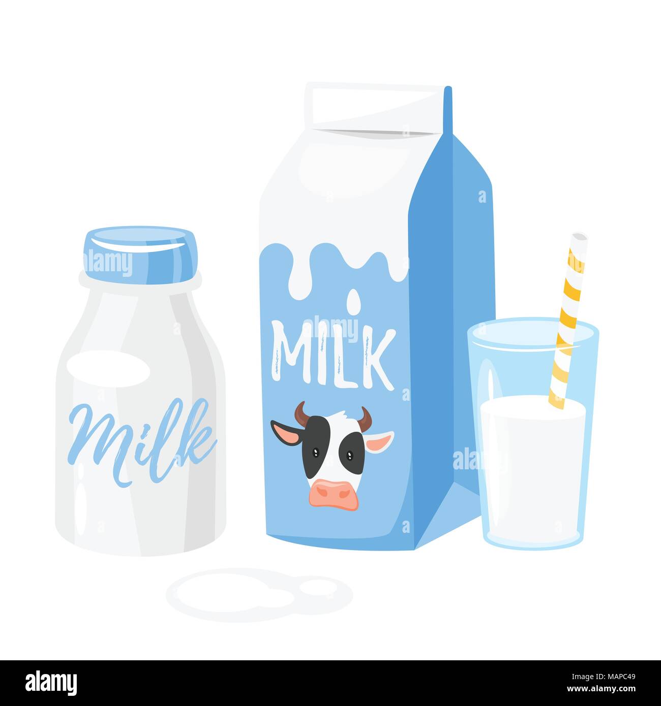 Vector cartoon style illustration of dairy products: milk packing and a ...