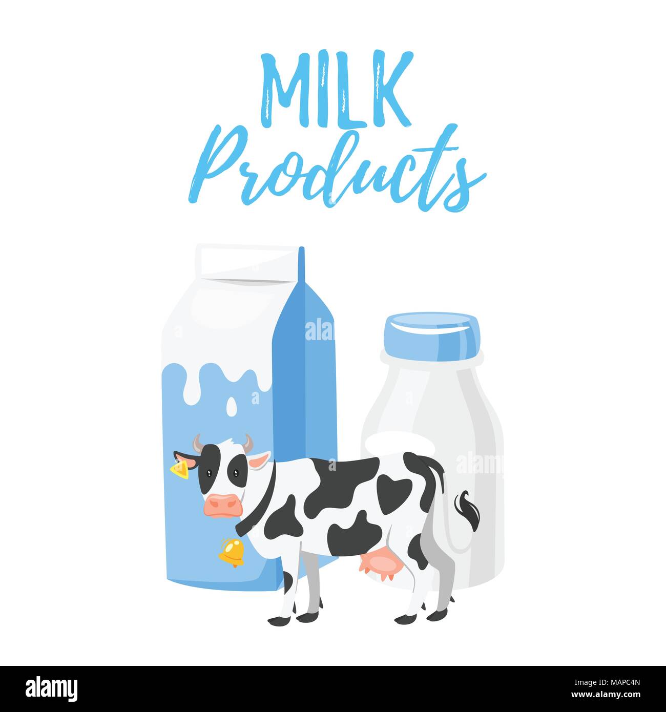 Vector cartoon style illustration of dairy products: milk packing, cute ...