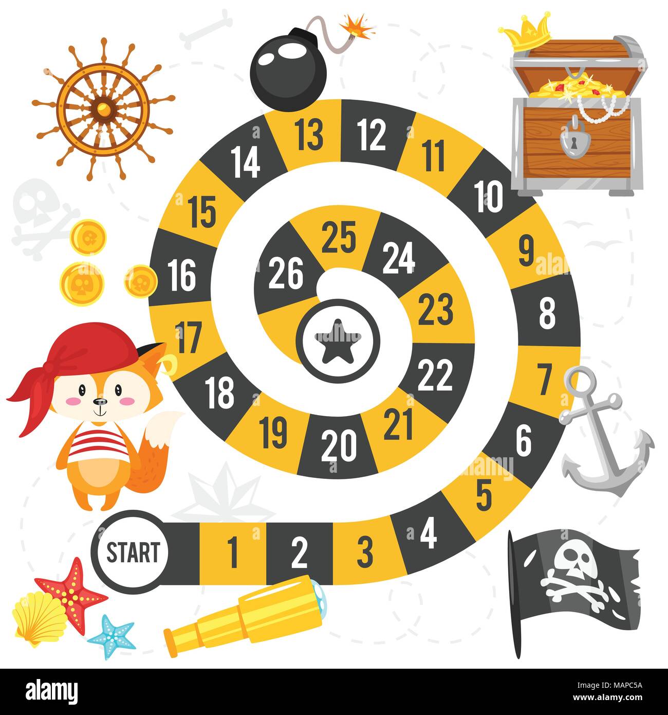 Vector flat style illustration of kids pirate board game template. For ...