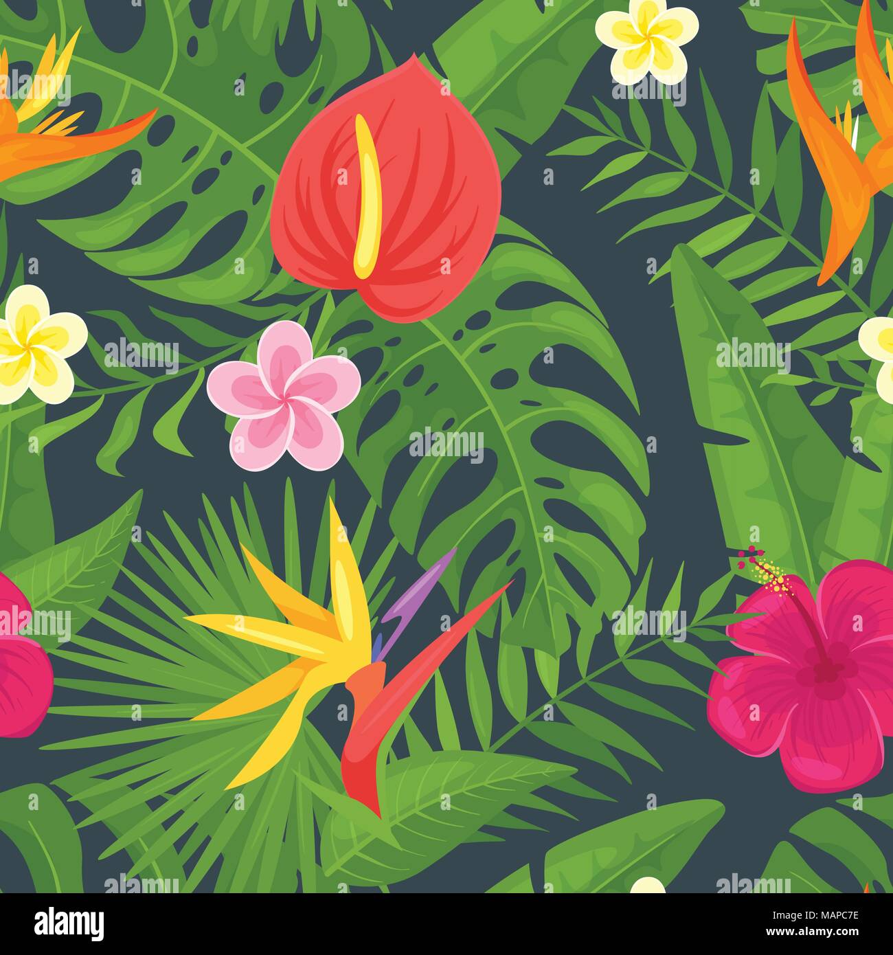 Vector cartoon style summer seamless pattern with tropical leaves and ...