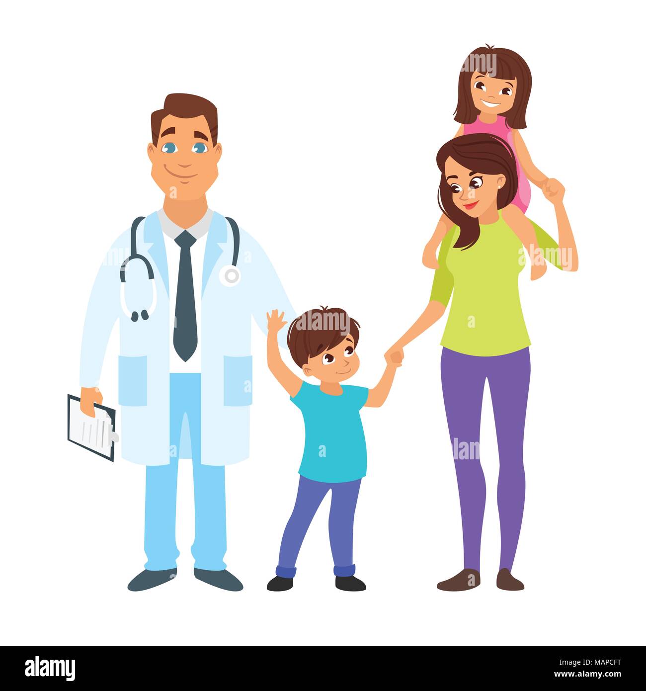 Vector cartoon style illustration of children's doctor with mother and ...