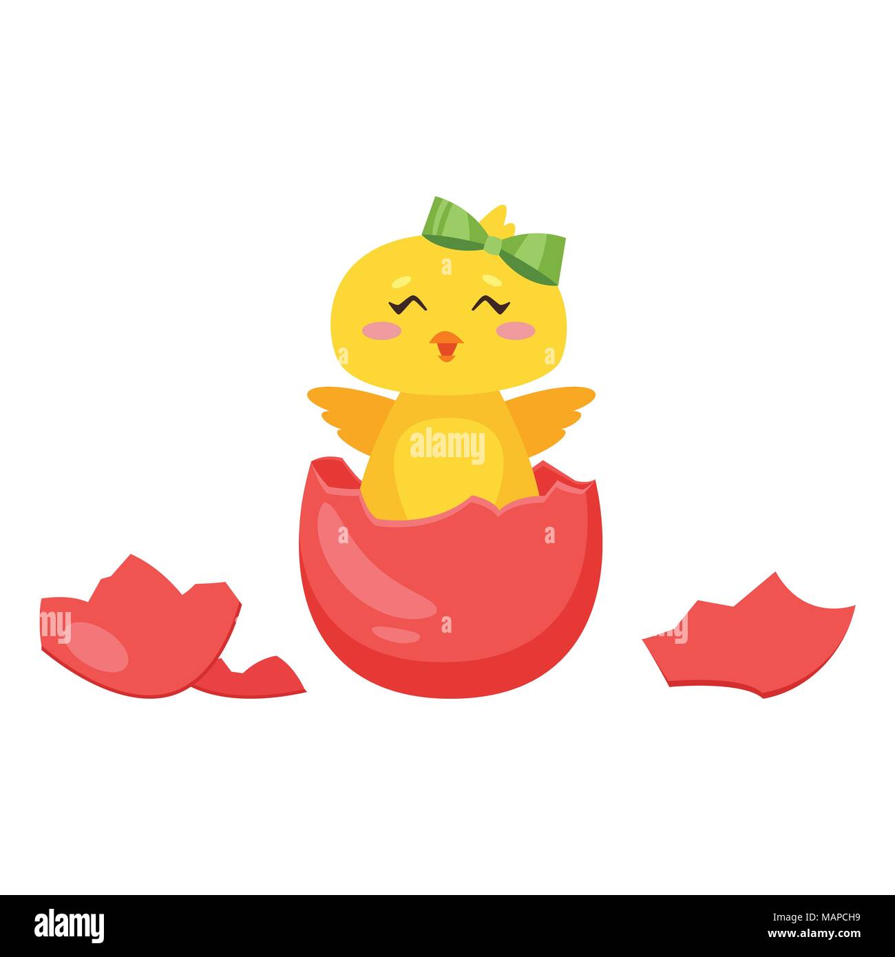Vector cartoon style illustration of cute chick with green bow hatched ...
