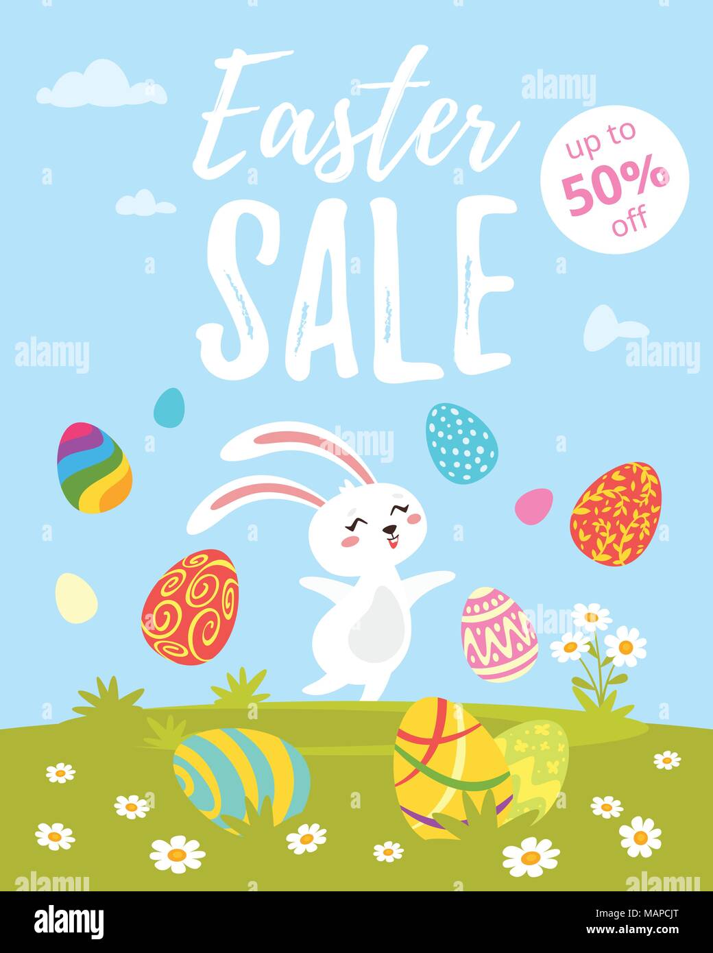 Vector cartoon style illustration of Easter Sale banner with colorful ...