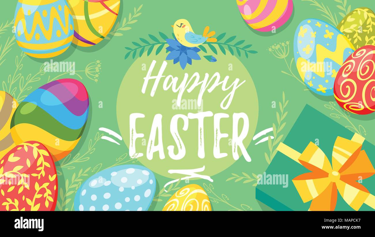 Vector cartoon style illustration of Happy Easter banner with colorful ...