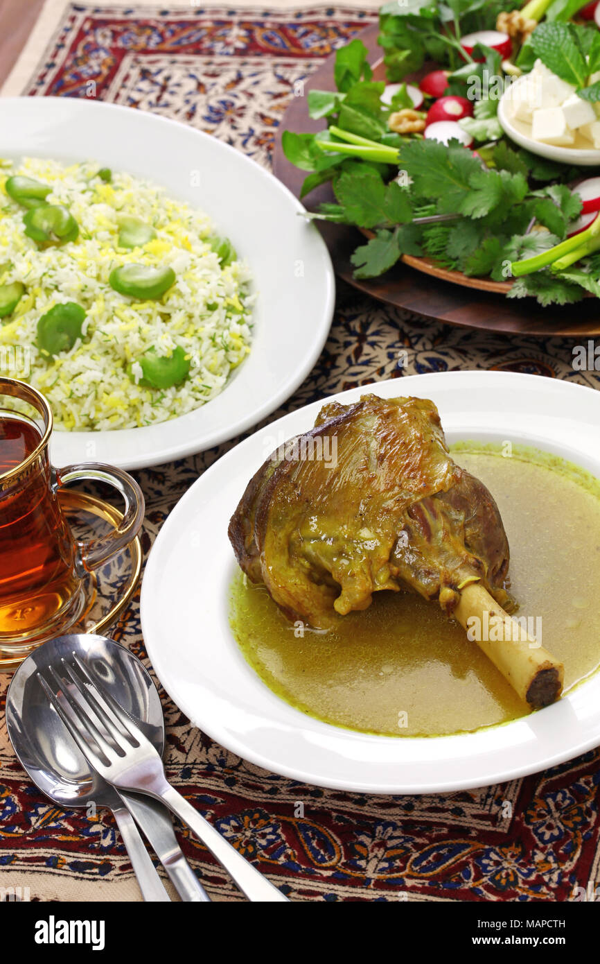 iranian persian cuisine, braised lamb shank, baghali polo,sabzi khordan ...