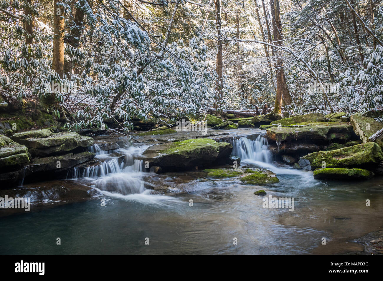 Water flows along a small stream in this winter scene from Appalachian ...