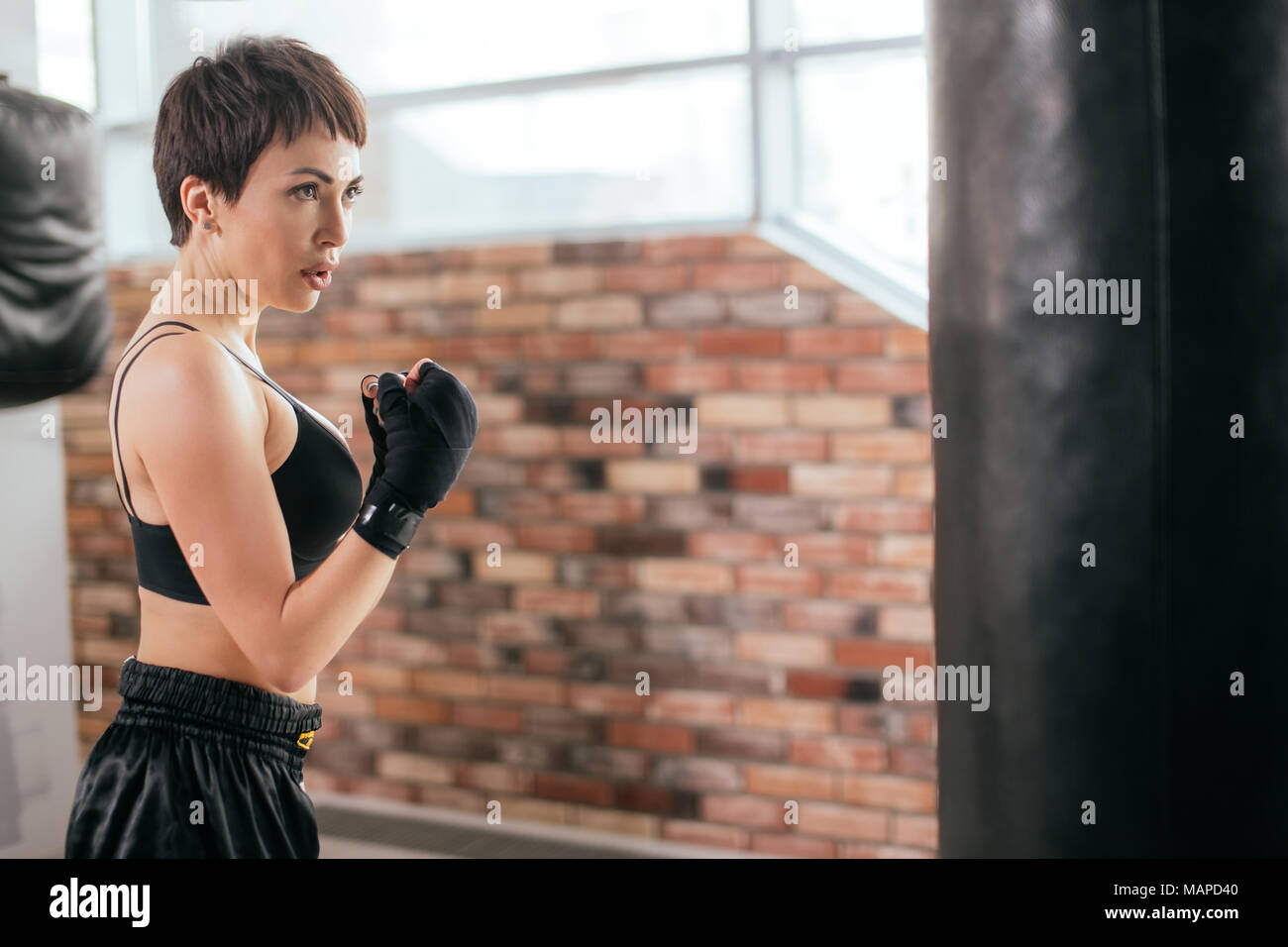 sweaty woman is working out for international boxing match Stock Photo ...