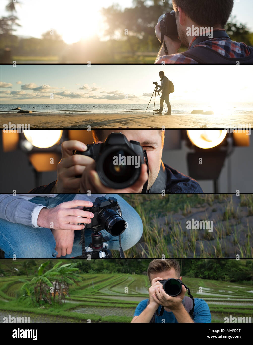 Set of photos. Young caucasian man making photo of landscape on seaside ...
