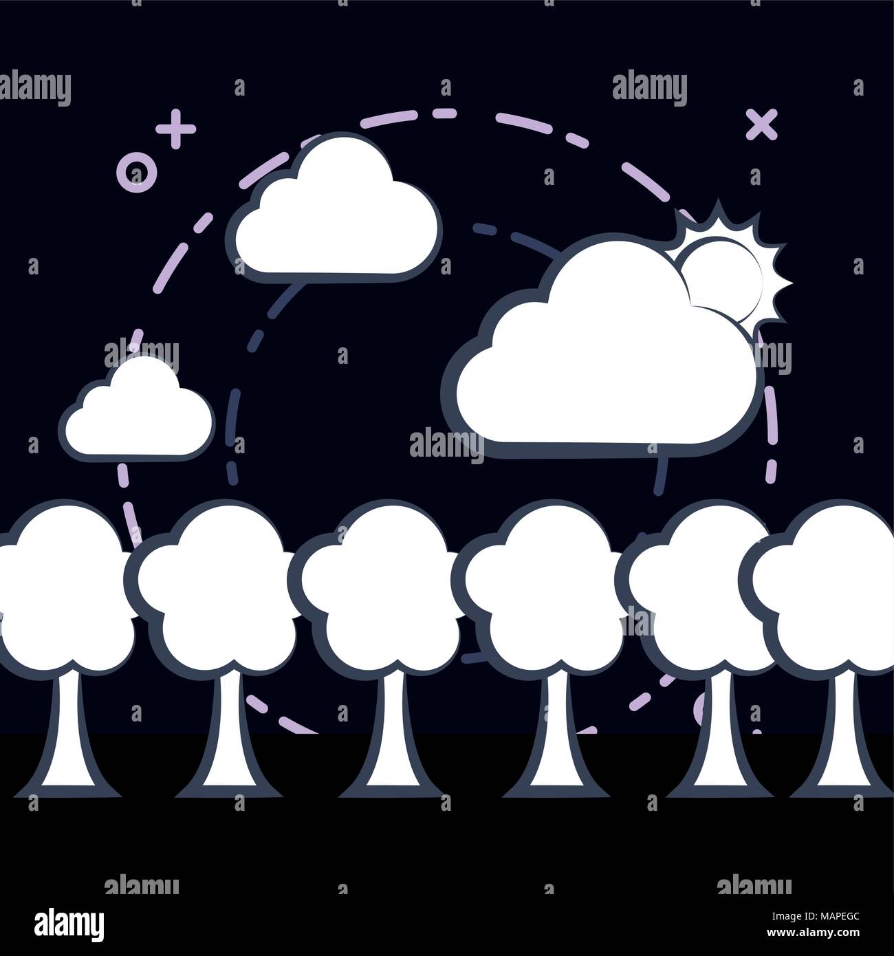 trees and clouds with sun over black background, vector illustration ...