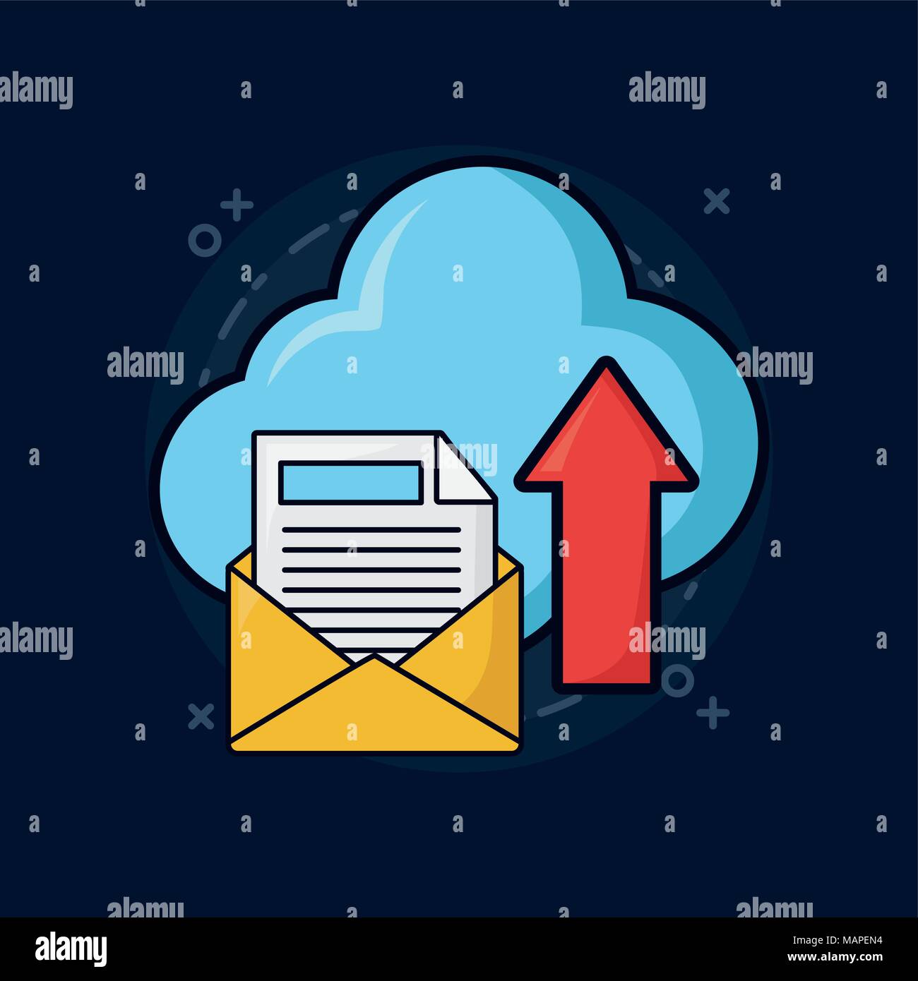 cloud with envelope and upload arrow over black background, colorful ...