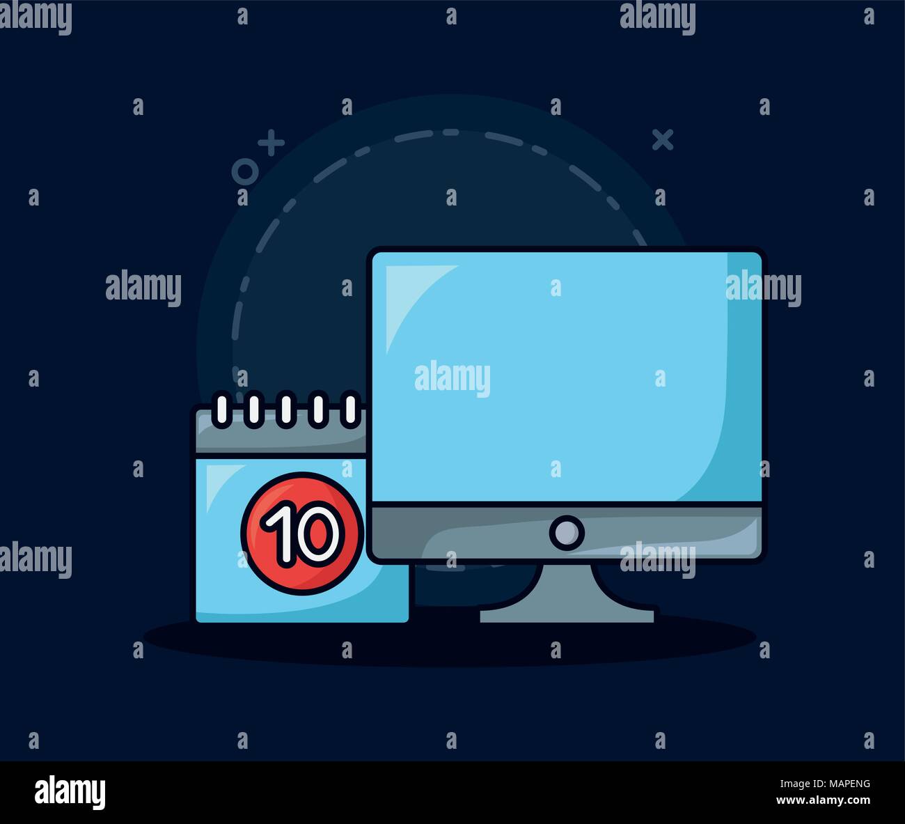 monitor computer and calendar over black background, colorful design ...