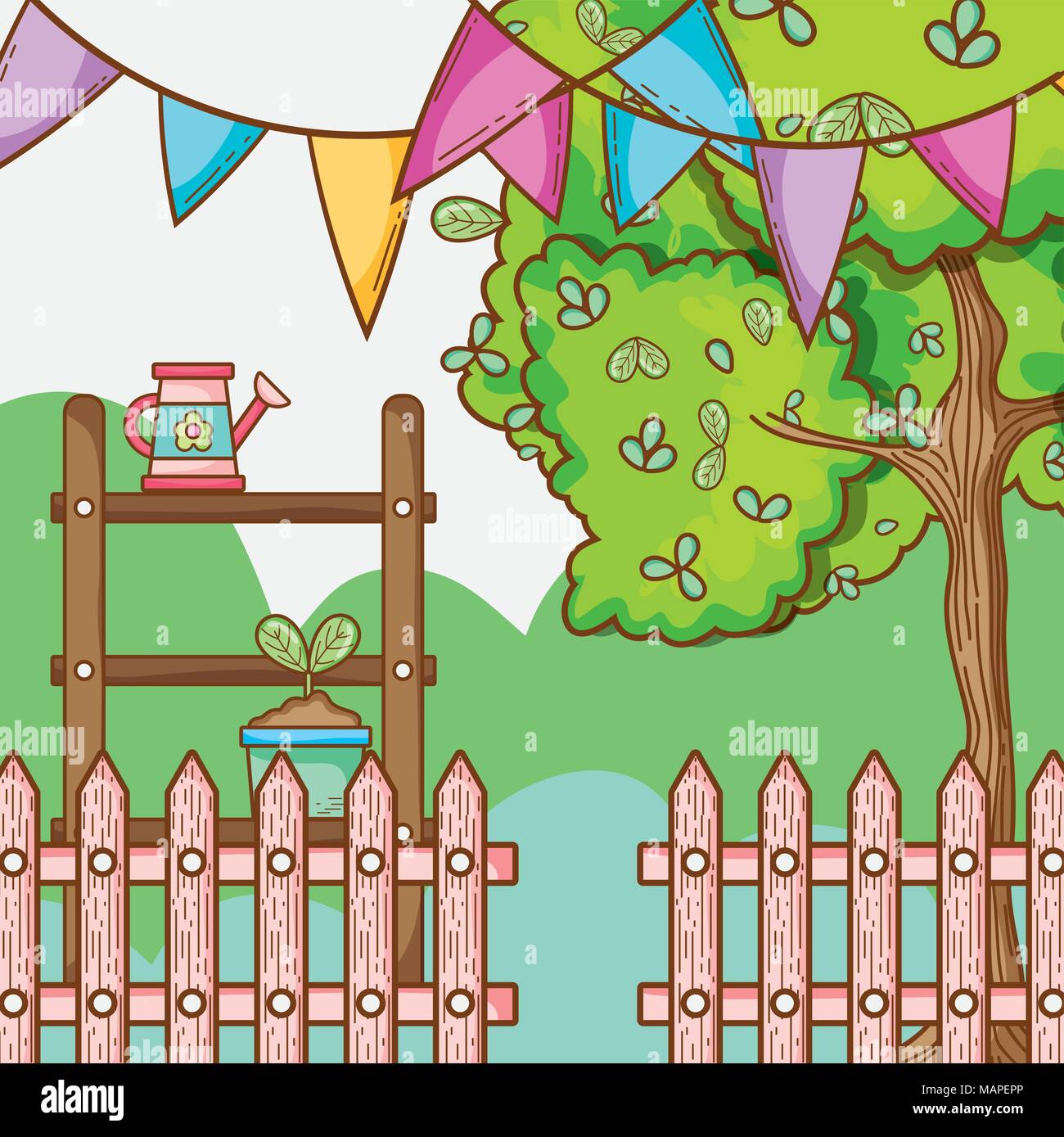 Beautiful decorated garden cartoon vector illustration graphic design ...