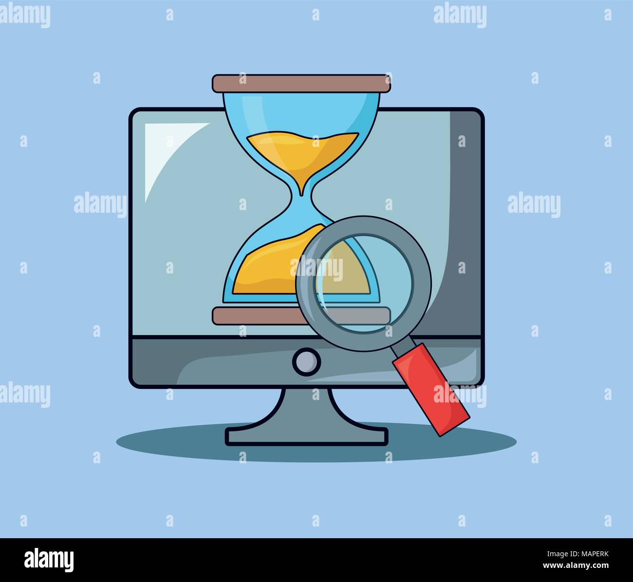 monitor computer with hourglass and magnigying glass over blue ...