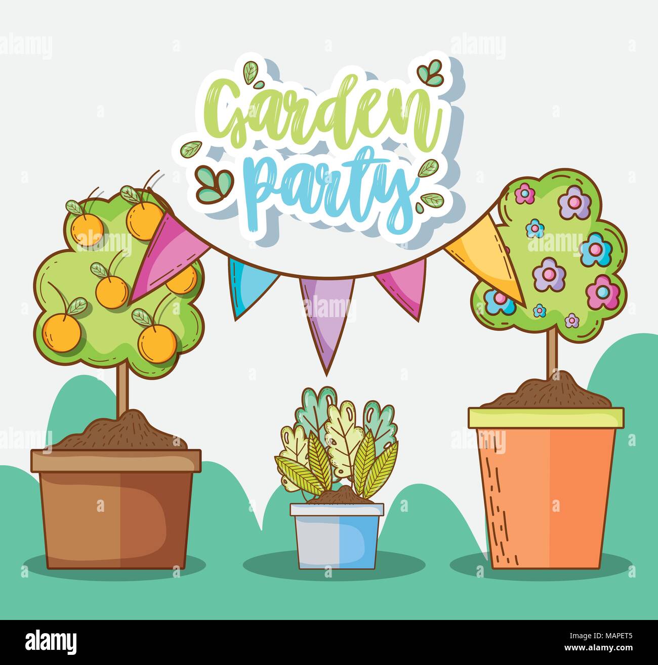 Garden party invitation card with cute cartoons vector illustration ...