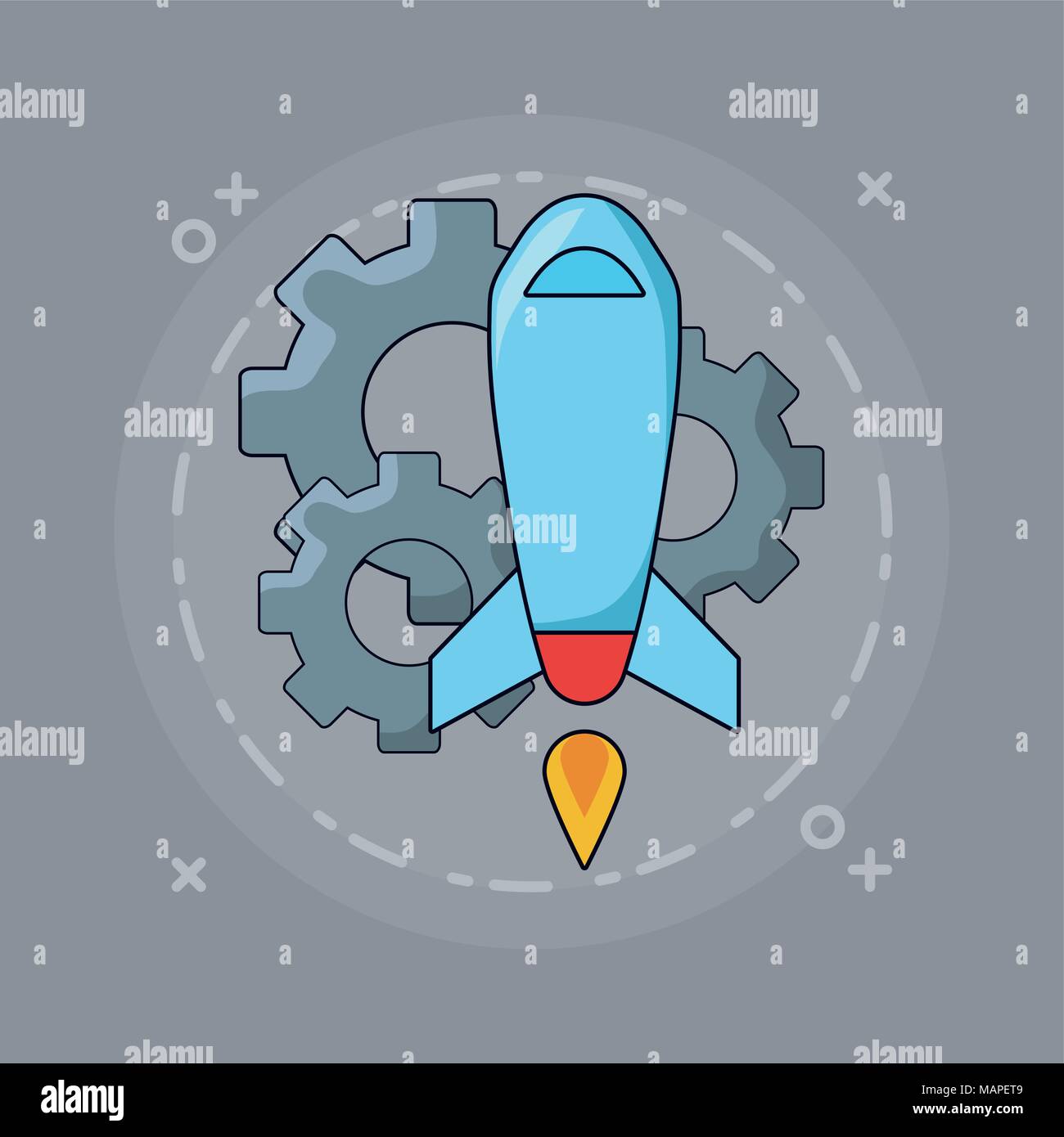rocket and gear wheels over gray background, colorful design. vector ...