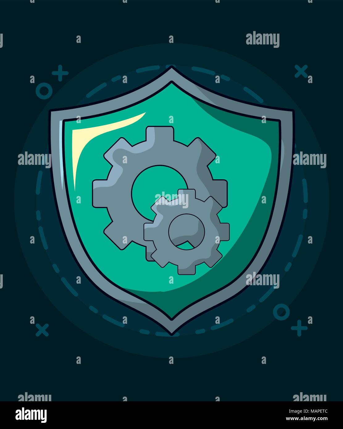 shield with gear wheels over green background, colorful design. vector ...