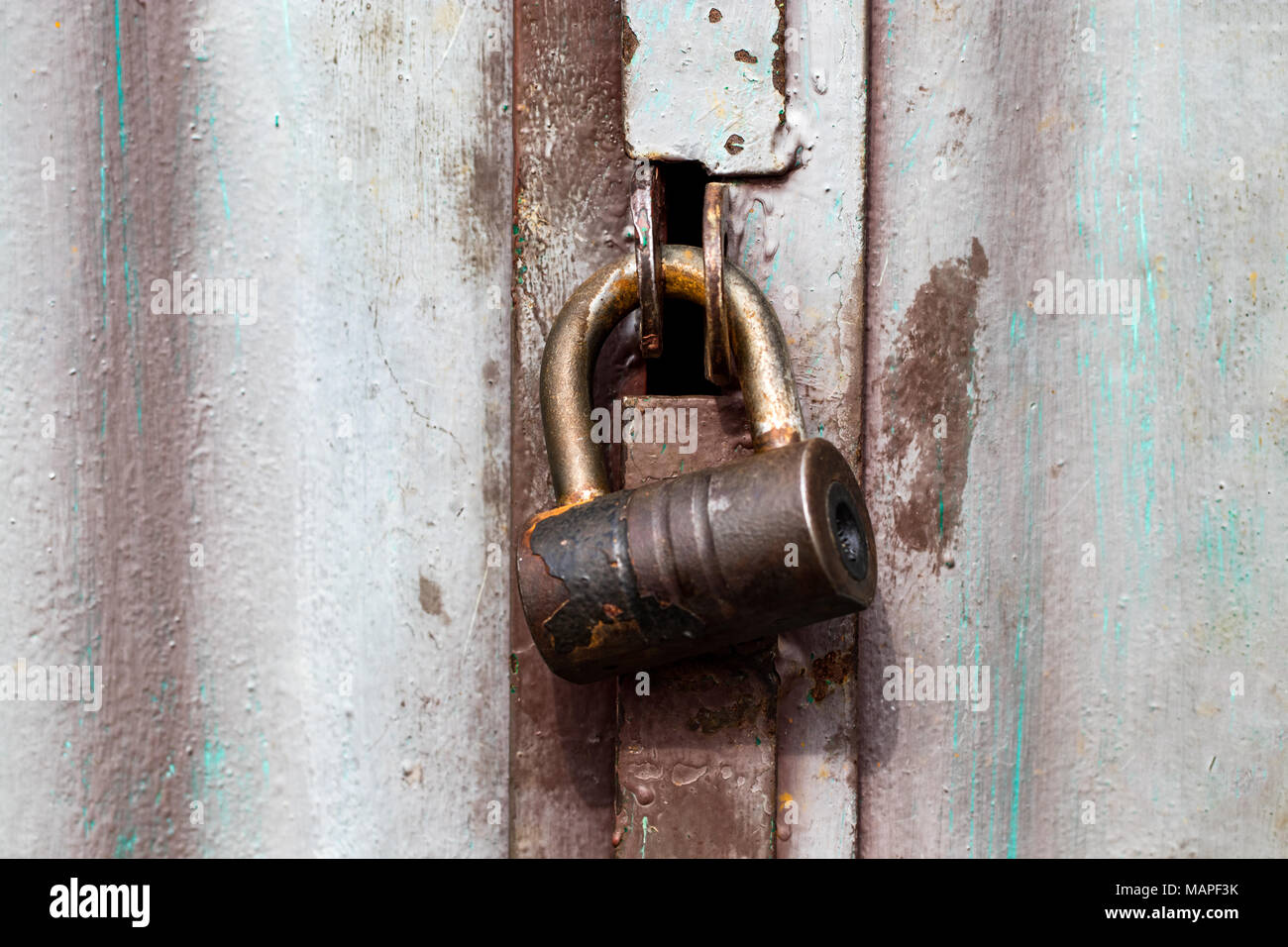 Old locked iron gate with Steel padlock, Close up Stock Photo - Alamy