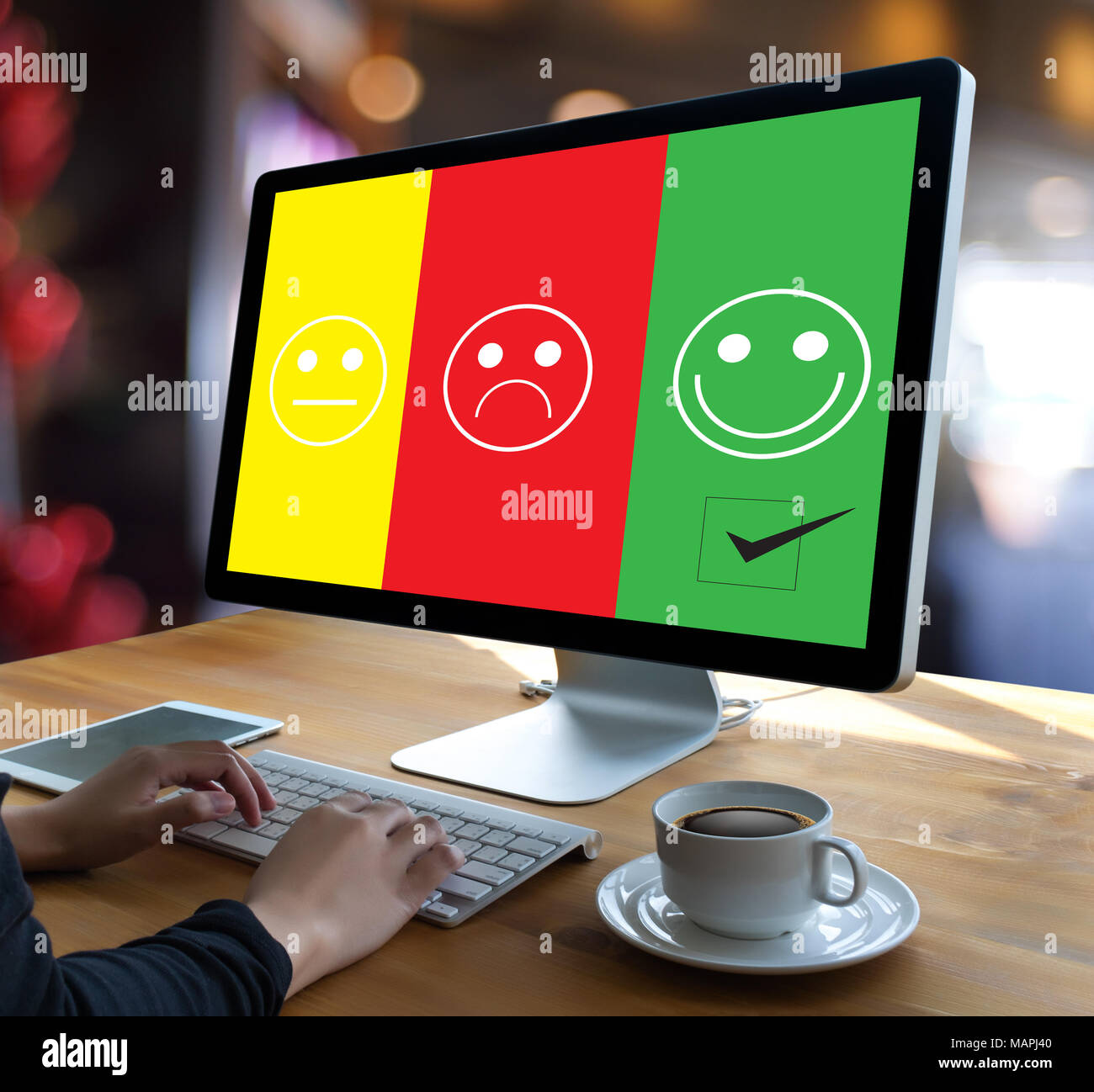 business man and woman select happy on satisfaction evaluation? And ...