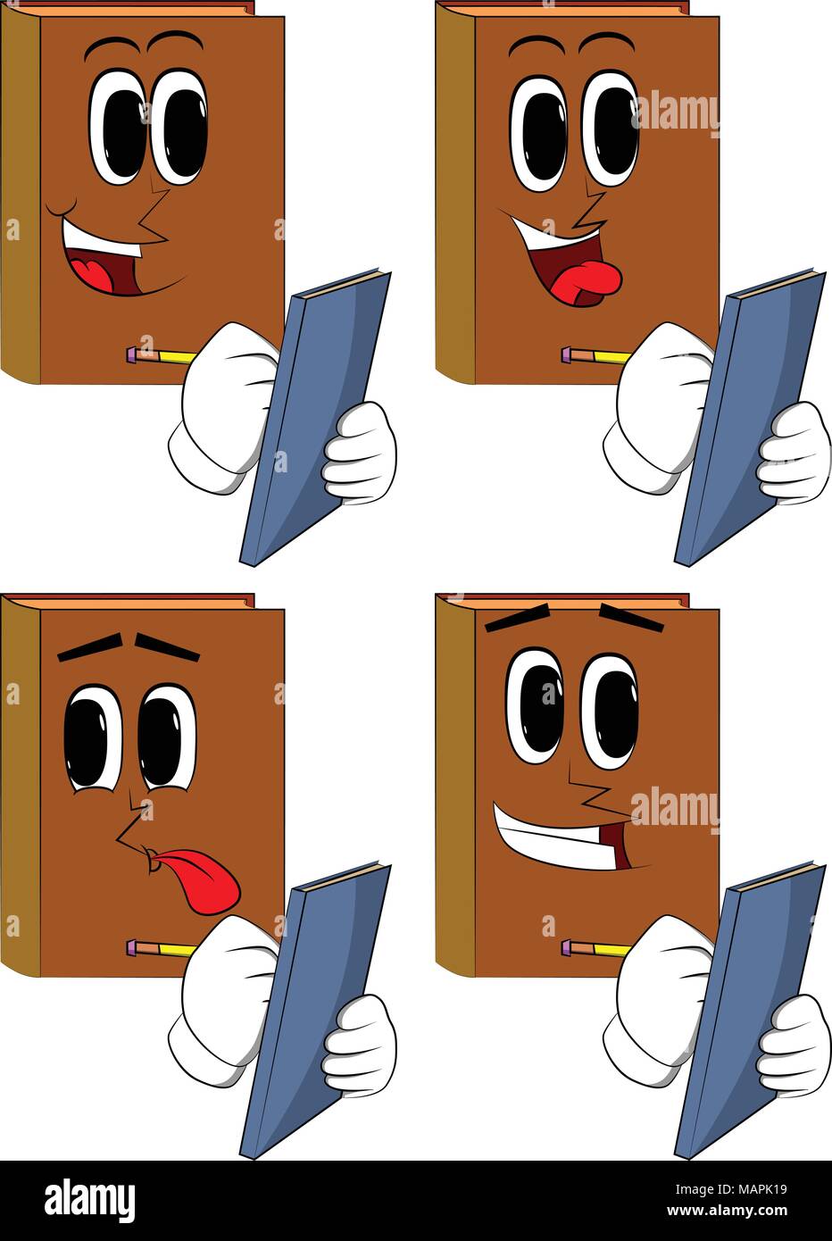 Books writing on a books cover. Cartoon book collection with happy ...