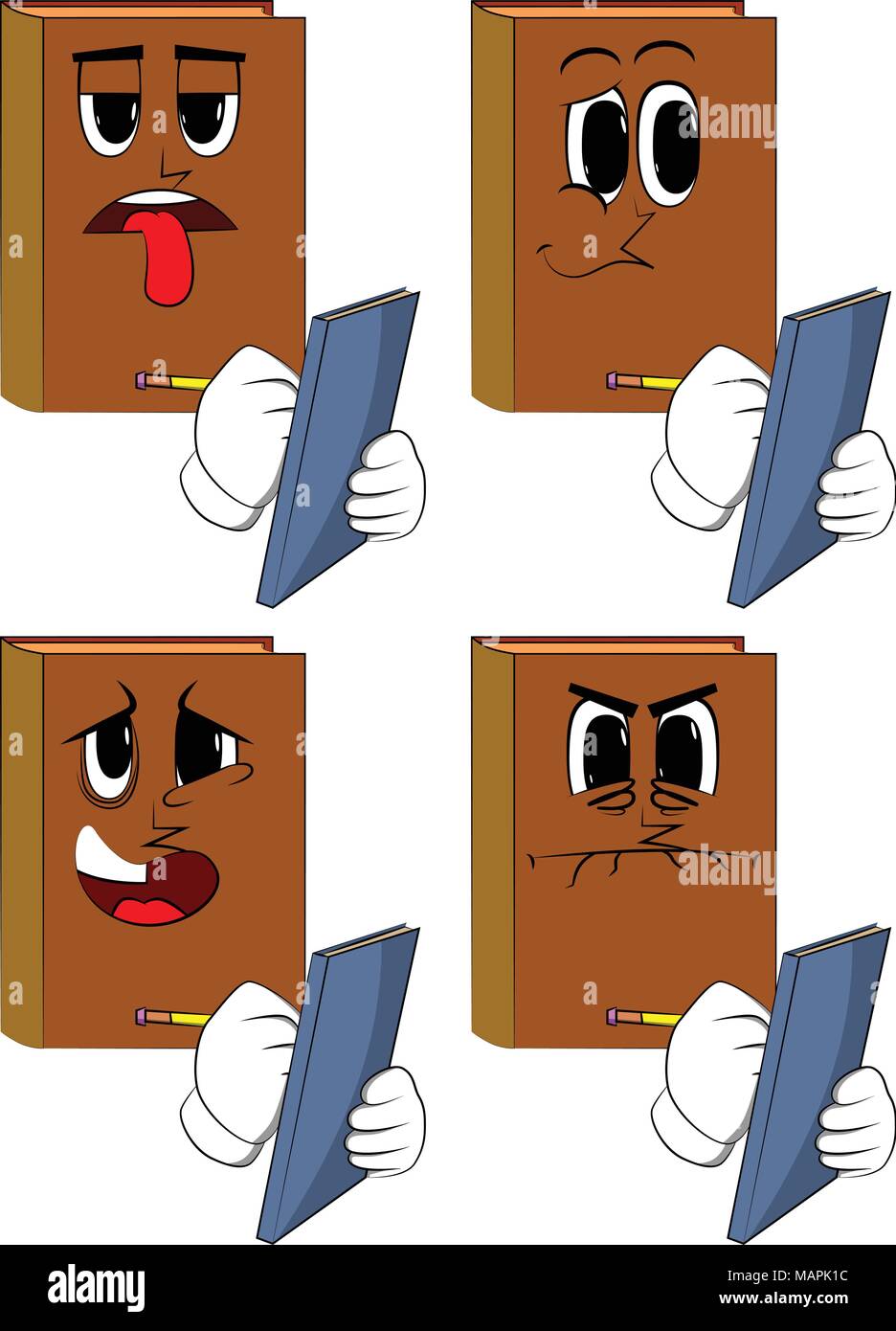 Books writing on a books cover. Cartoon book collection with sad, bored ...