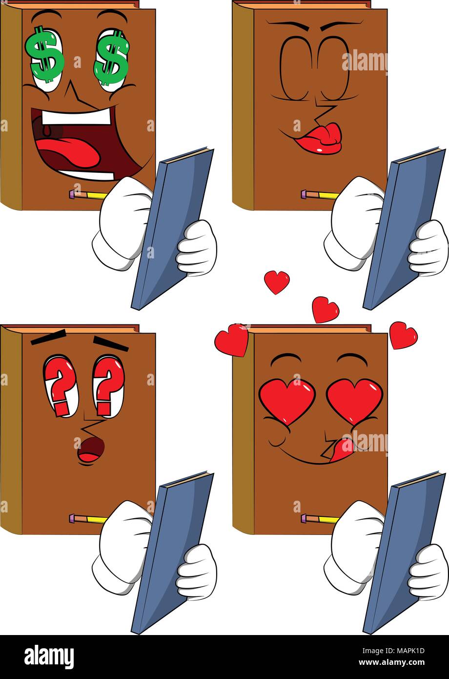 Books writing on a books cover. Cartoon book collection with various ...