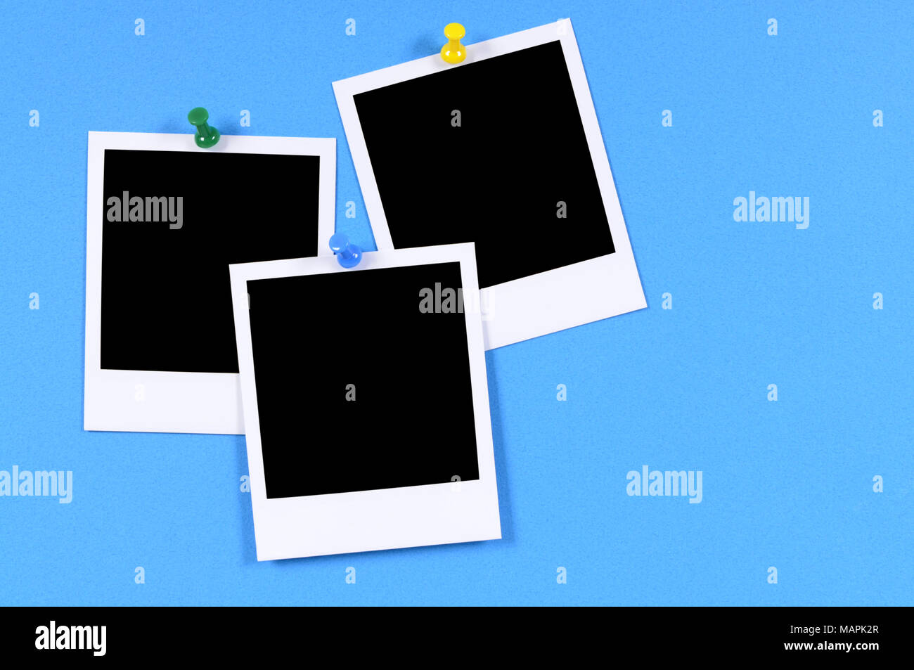 Blank photo prints pinned to blue paper Stock Photo - Alamy