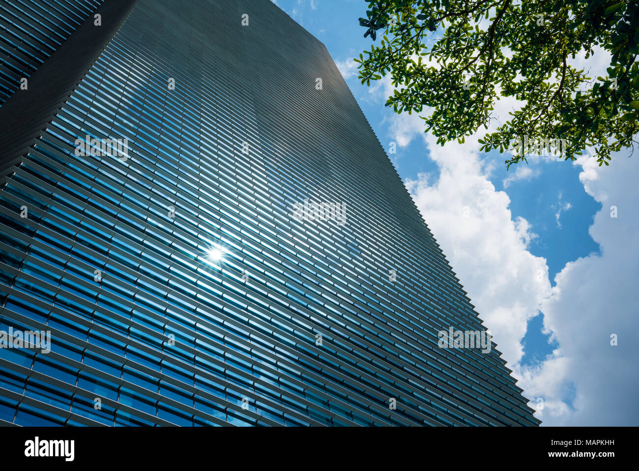 Glass facade of modern city high buildings, sun reflection lighting ...