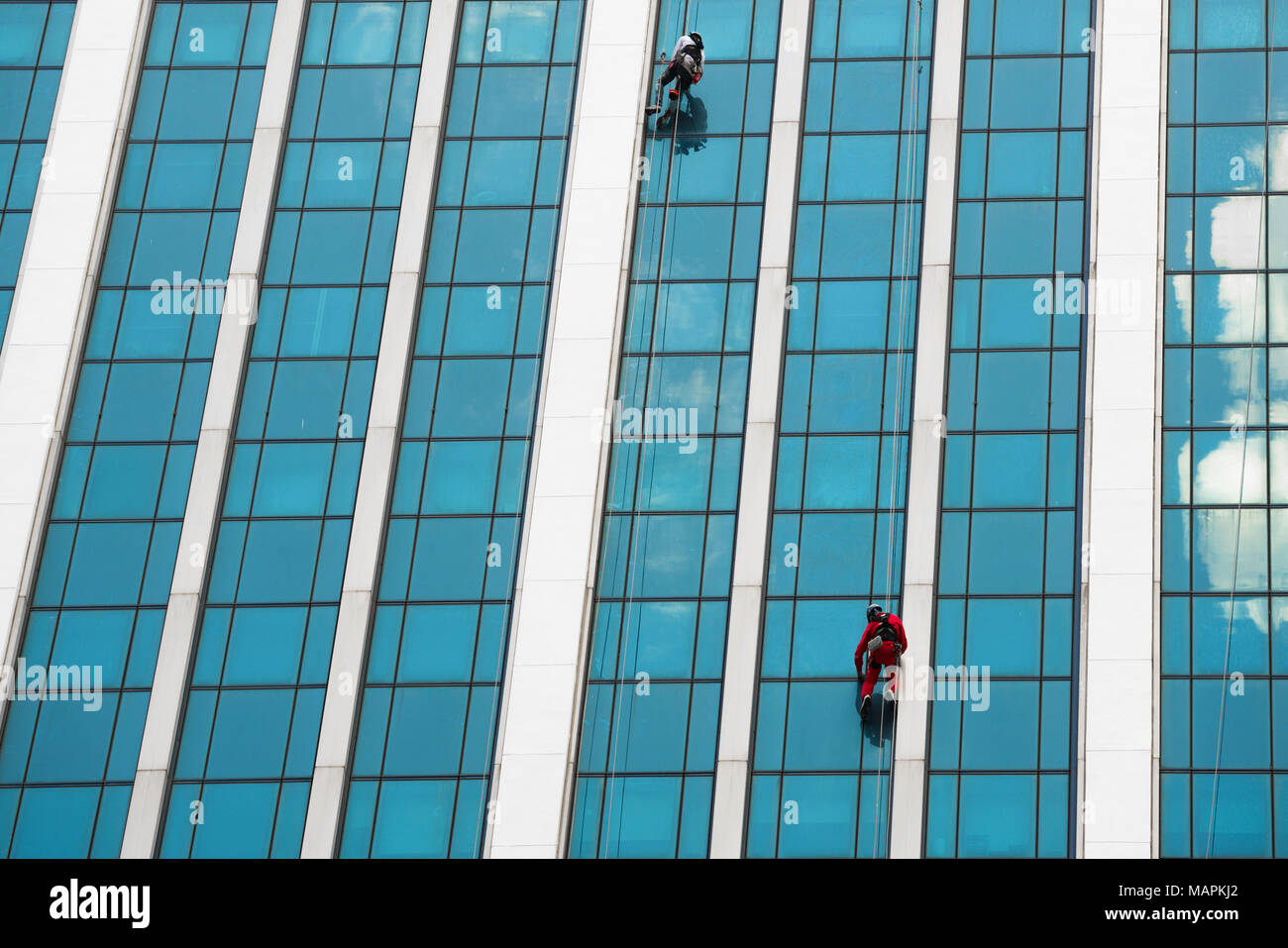 group of workers cleaning windows service on high rise building, wide ...