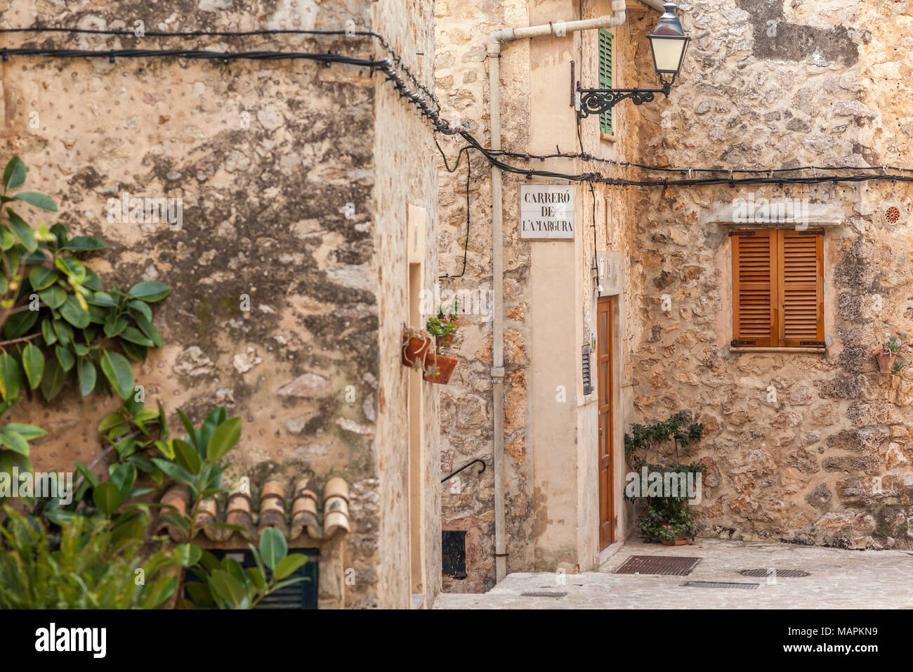 Ancient street view, village of Valldemossa, Majorca Island, Spain ...