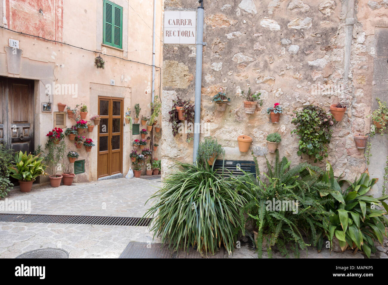 Ancient street view, village of Valldemossa, Majorca Island, Spain ...