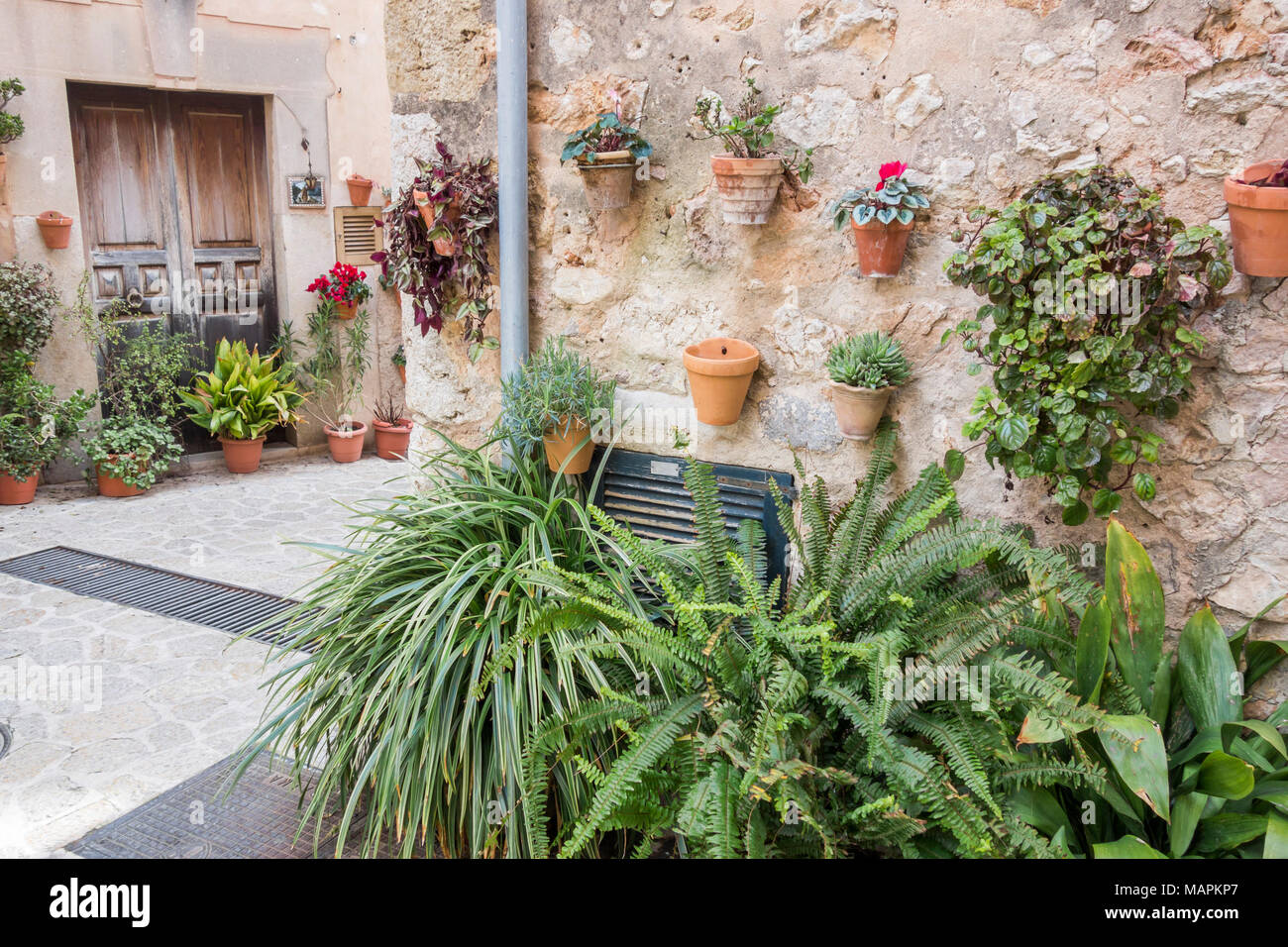 Ancient street view, village of Valldemossa, Majorca Island, Spain ...