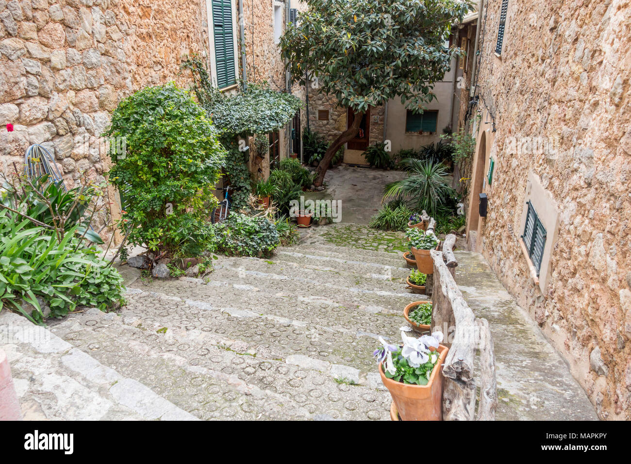 Ancient street view, village of Valldemossa, Majorca Island, Spain ...