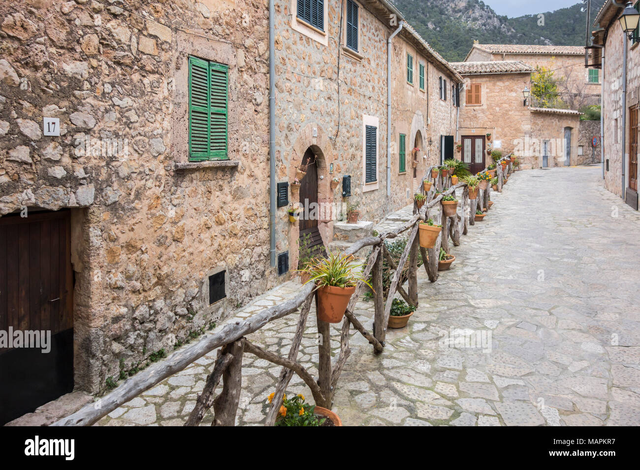 Ancient street view, village of Valldemossa, Majorca Island, Spain ...