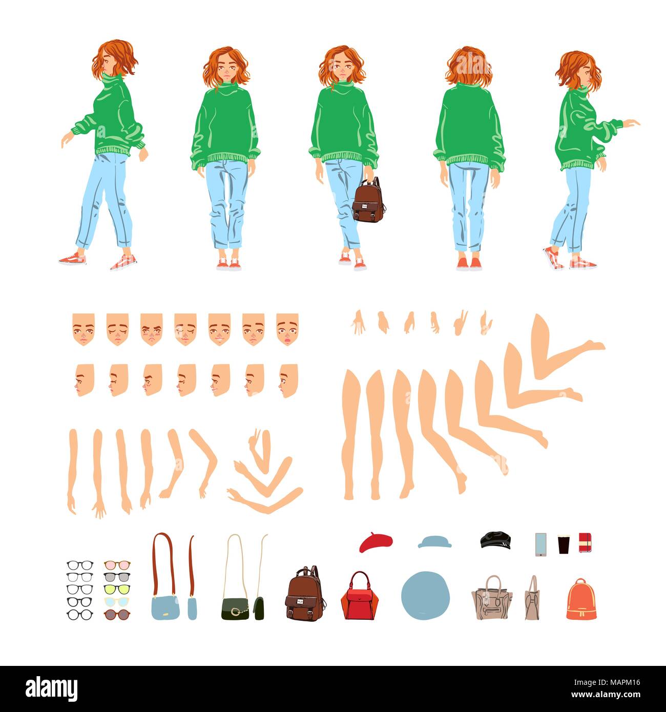 Young lady personage constructor. Different woman postures, face, legs ...