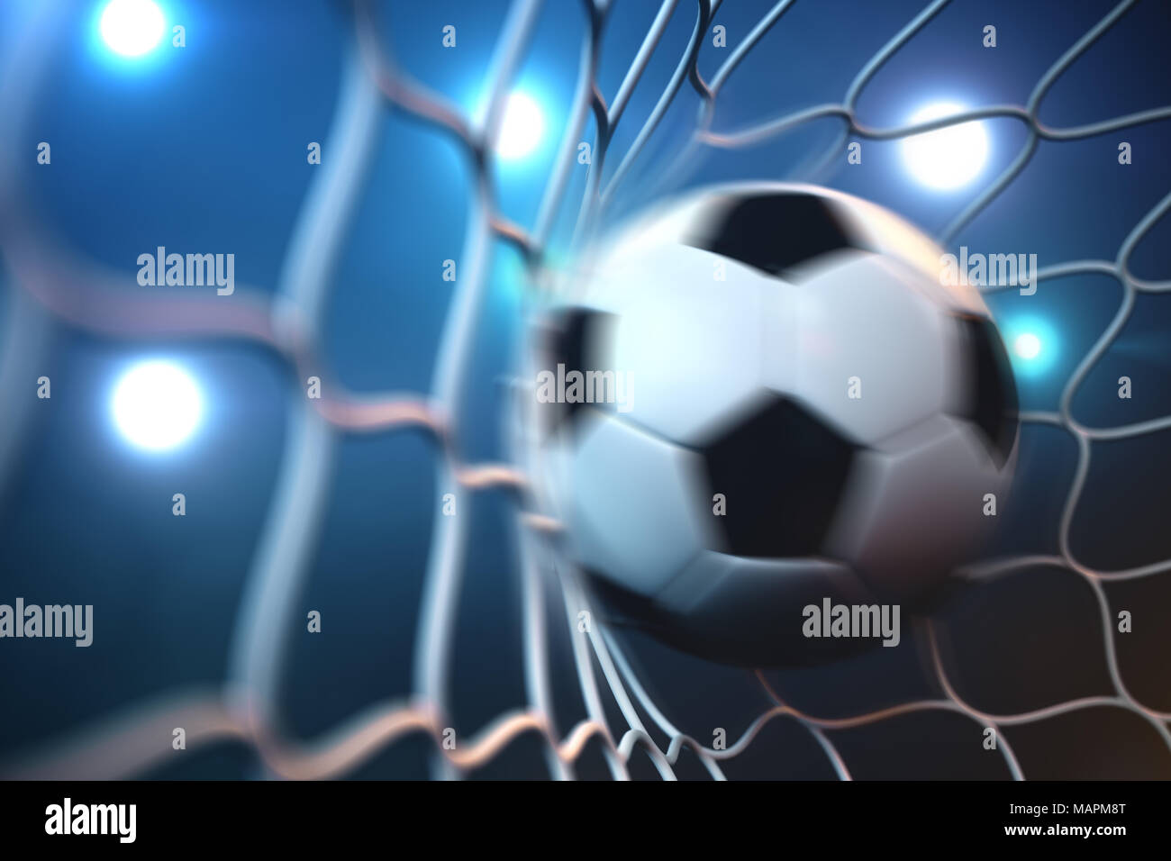 3d rendering soccer ball in goal in motion. Soccer ball in net in ...