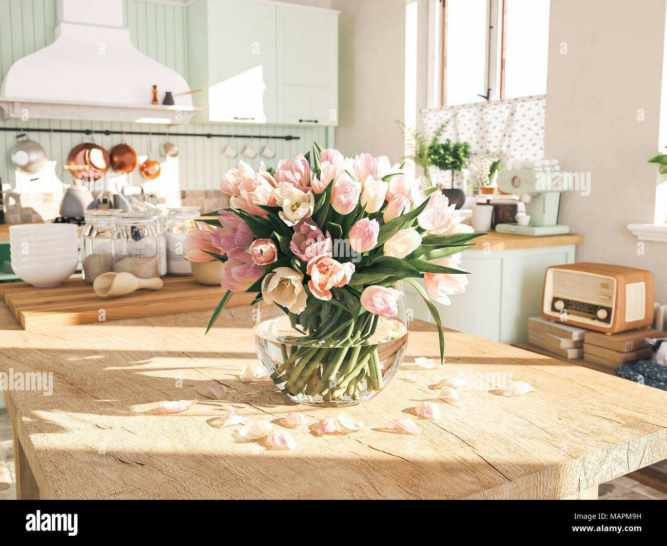 retro kitchen in a cottage with sleeping cat. 3D RENDERING Stock Photo ...