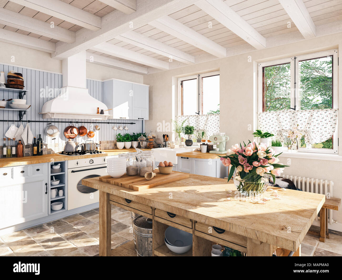 retro kitchen in a cottage with sleeping cat. 3D RENDERING Stock Photo ...