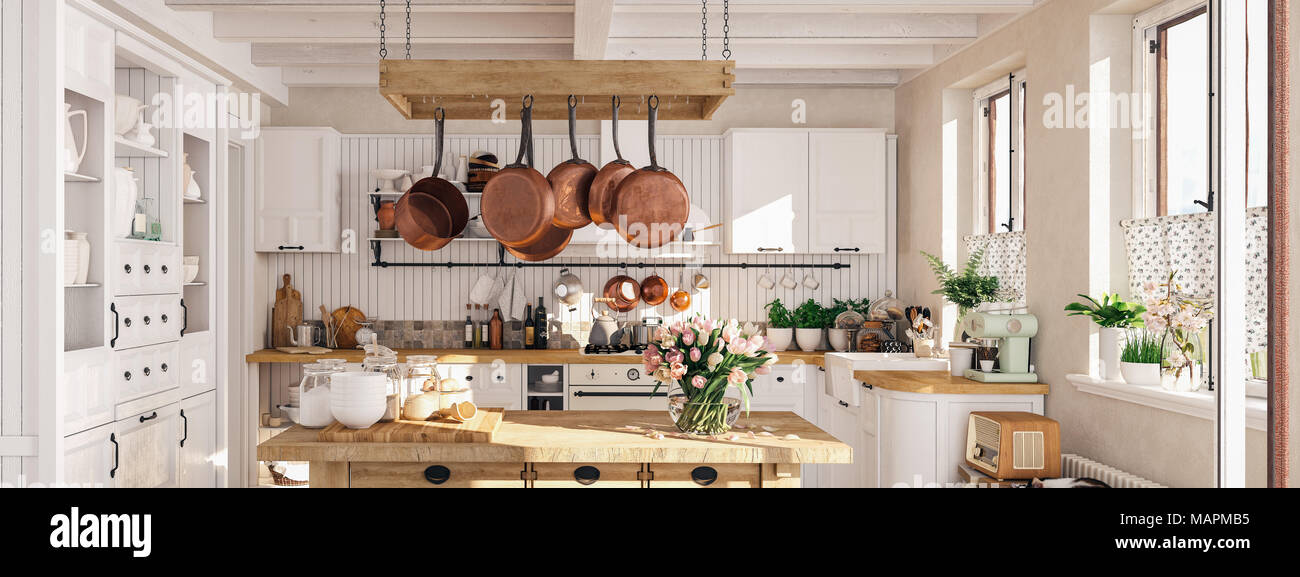 retro kitchen in a cottage with sleeping cat. 3D RENDERING Stock Photo ...