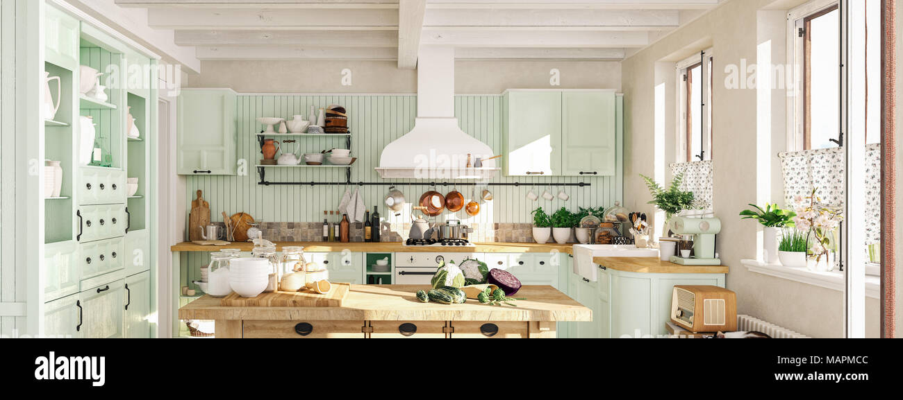 retro kitchen in a cottage with sleeping cat. 3D RENDERING Stock Photo ...