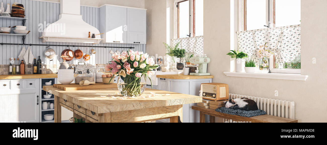 retro kitchen in a cottage with sleeping cat. 3D RENDERING Stock Photo ...