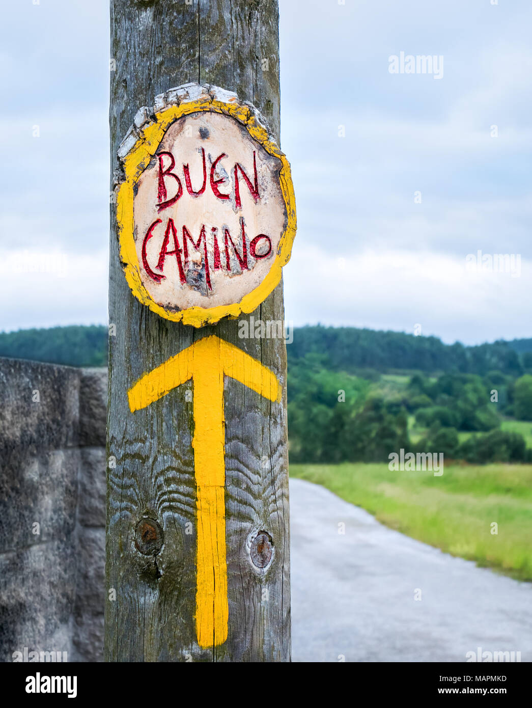 Yellow arrow, sign for pilgrims on the Camino de Santiago in Spain, Way ...